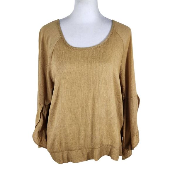 Moa Moa | Tops | Moa Moa Tan Blouse With Ruffle Sleeves And Tie Back ...